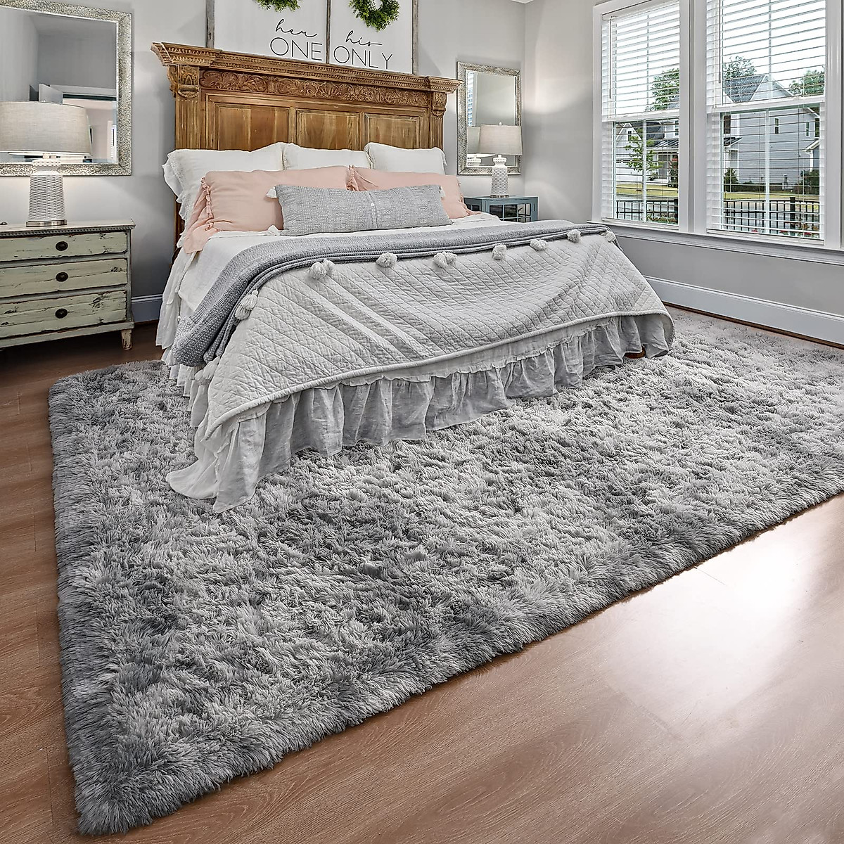 QXKAKA Shag Tie Dye Grey 8x10 Area Rug for Living Room, Large Fluffy Soft Thick Bedroom Modern Carpet, Washable Indoor Gray Rug for Kids Boy and Girls Room Dorm Home Decor Aesthetic