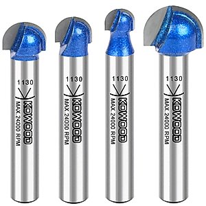 KOWOOD Plus Core Box Router Bit Set, 1/4 Inch Shank, Cutting Diameter in 1/4”, 5/16”, 3/8”, 1/2”. with Updated KOWOOD C3 Carbide. Great for Making Signs, Decorative accents to Furniture & Plaques