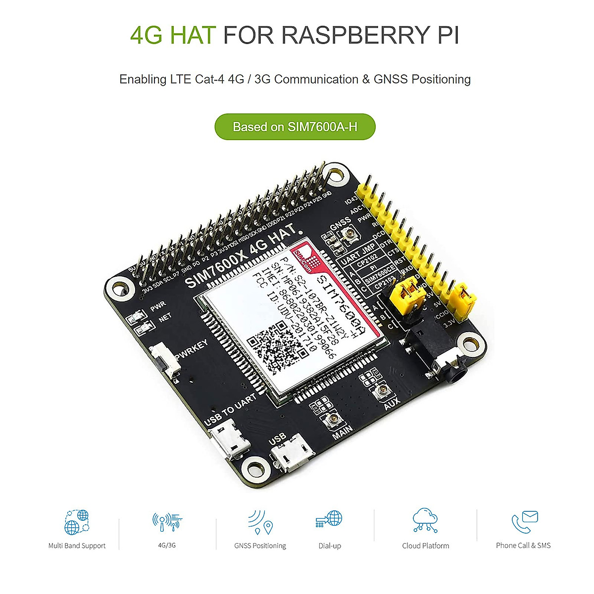 Ingcool 4G/3G/GNSS HAT Module for Raspberry Pi 4B/3B+/3B/2B/Zero/Zero W/Zero WH,Jetson Nano, Based on SIM7600A-H, 4G/GNSS Module Support LTE CAT4 up to 150Mbps for Data Transfer, etc.