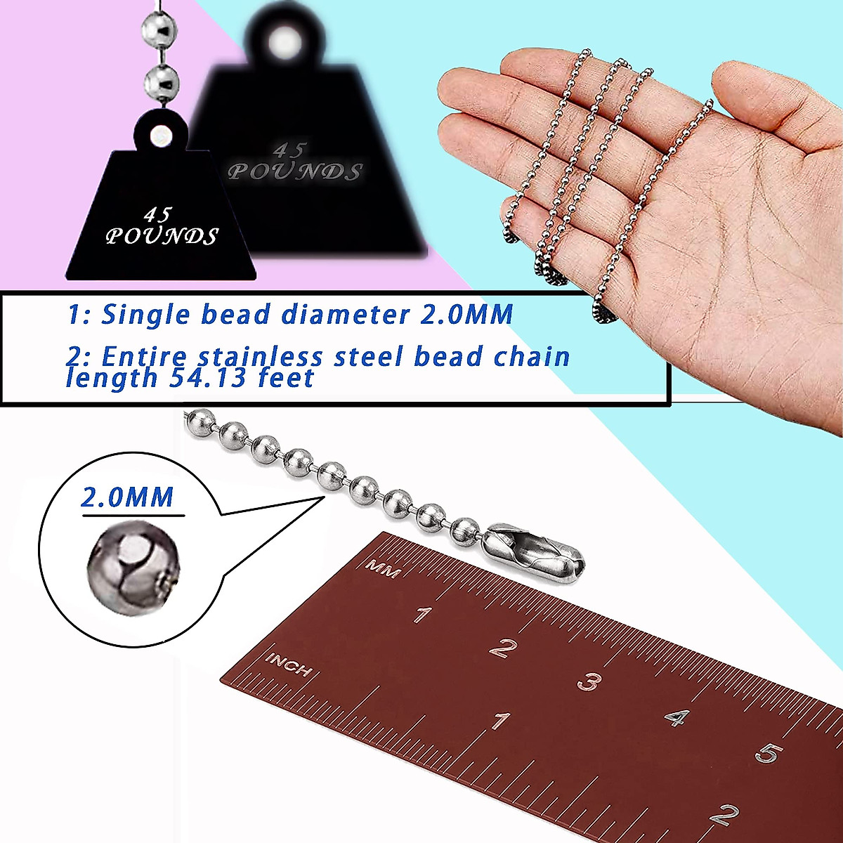 Stainless Steel Ball Chain, Necklace Chain Ball Bead, 55ft Bead Chain Ball Chain Bulk Bead Chain with 100 Pcs Matching Connectors Clasps for Necklace Hanging, Dog Tag, DIY Crafts, 2.0mm Diameter