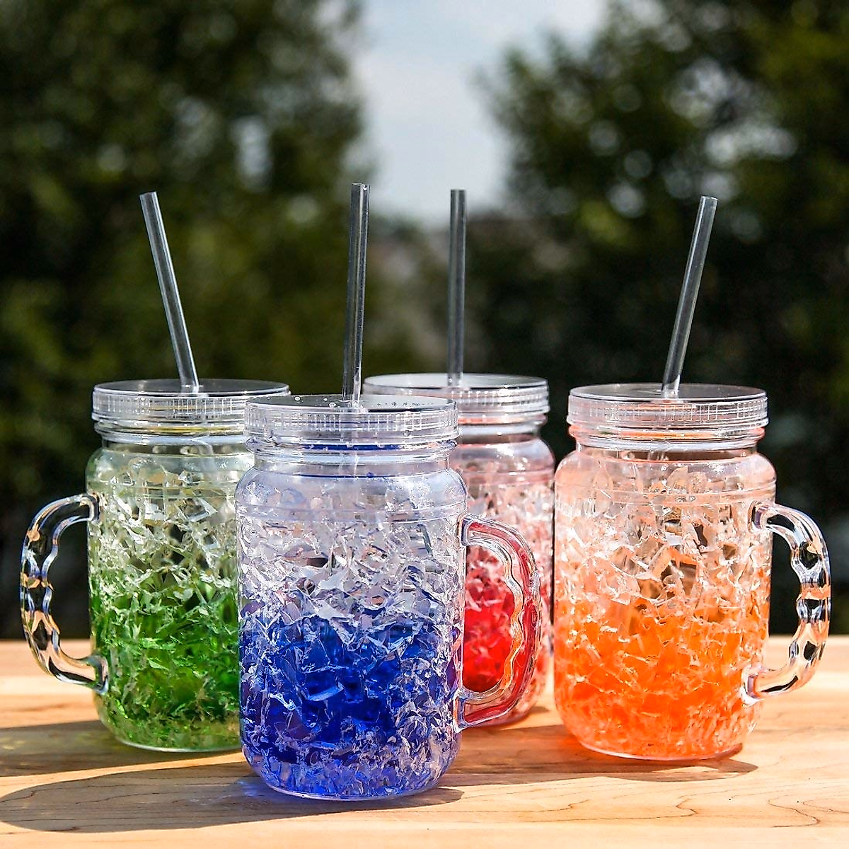 Lily's Home Double Wall Gel-Filled Acrylic Freezer Mason Jar Mugs with Lids and Straws, Great as Old Fashion Drinking Glasses at BBQs and Parties, Assorted Colors (18 oz. Each, Set of 4)