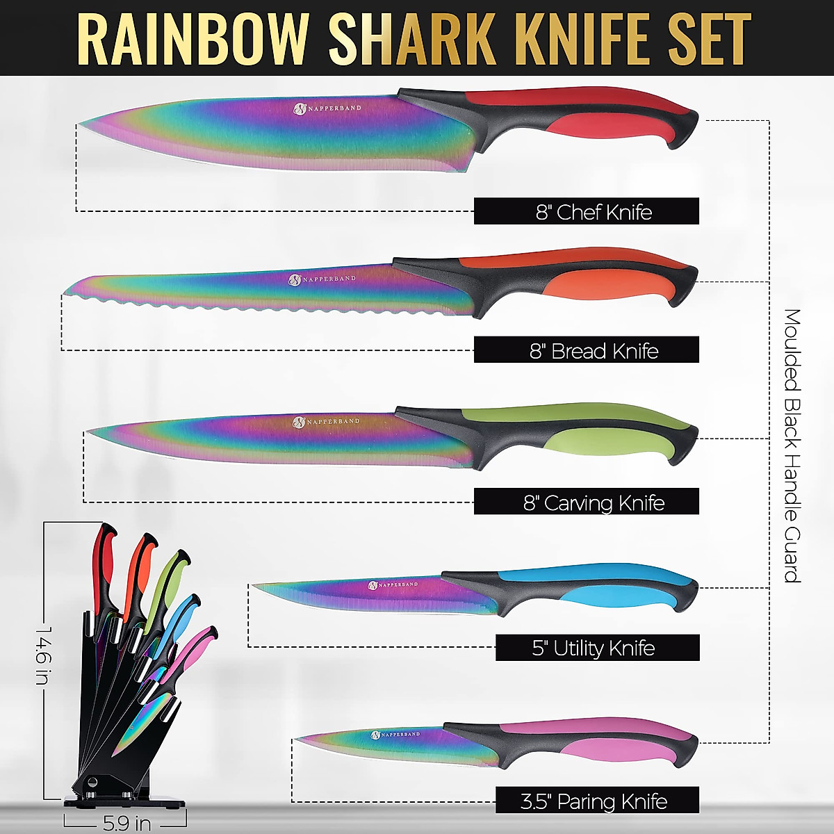 Napperband 6 Piece Color Coded Kitchen Knife Set Block with Clear Acrylic Stand - Titanium Coated Stainless Steel