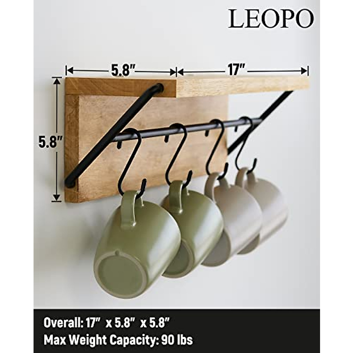 LEOPO Multi-Functional Floating Shelf, Rustic Wood Shelf, Wall Mounted Shelf for Bedroom, Bathroom, Living Room, Kitchen