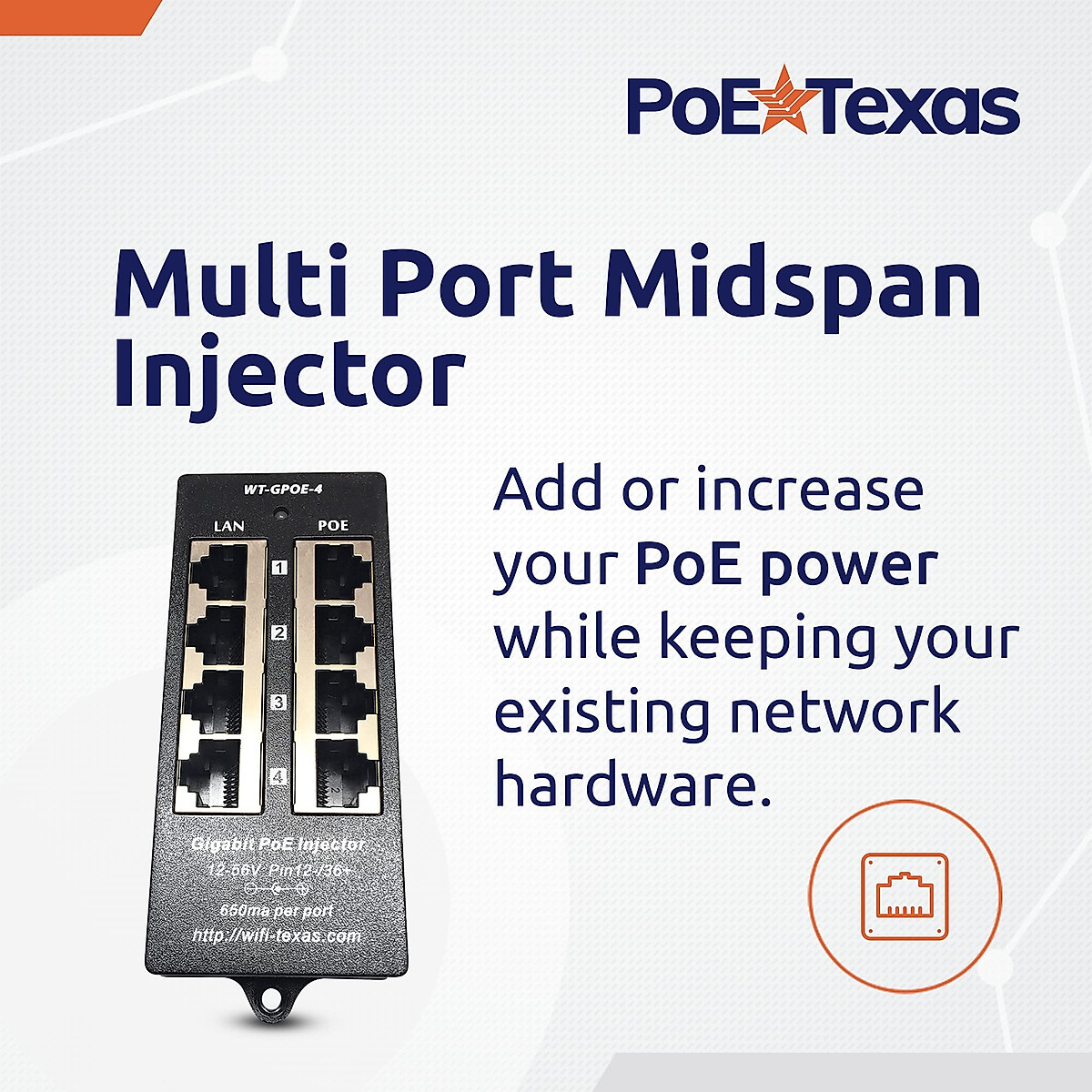 PoE Texas 4 Port PoE Injector - Gigabit Passive Power Over Ethernet and PoE Texas 48v Power Supply - 48 Volt 60 Watt AC to DC Power Supply