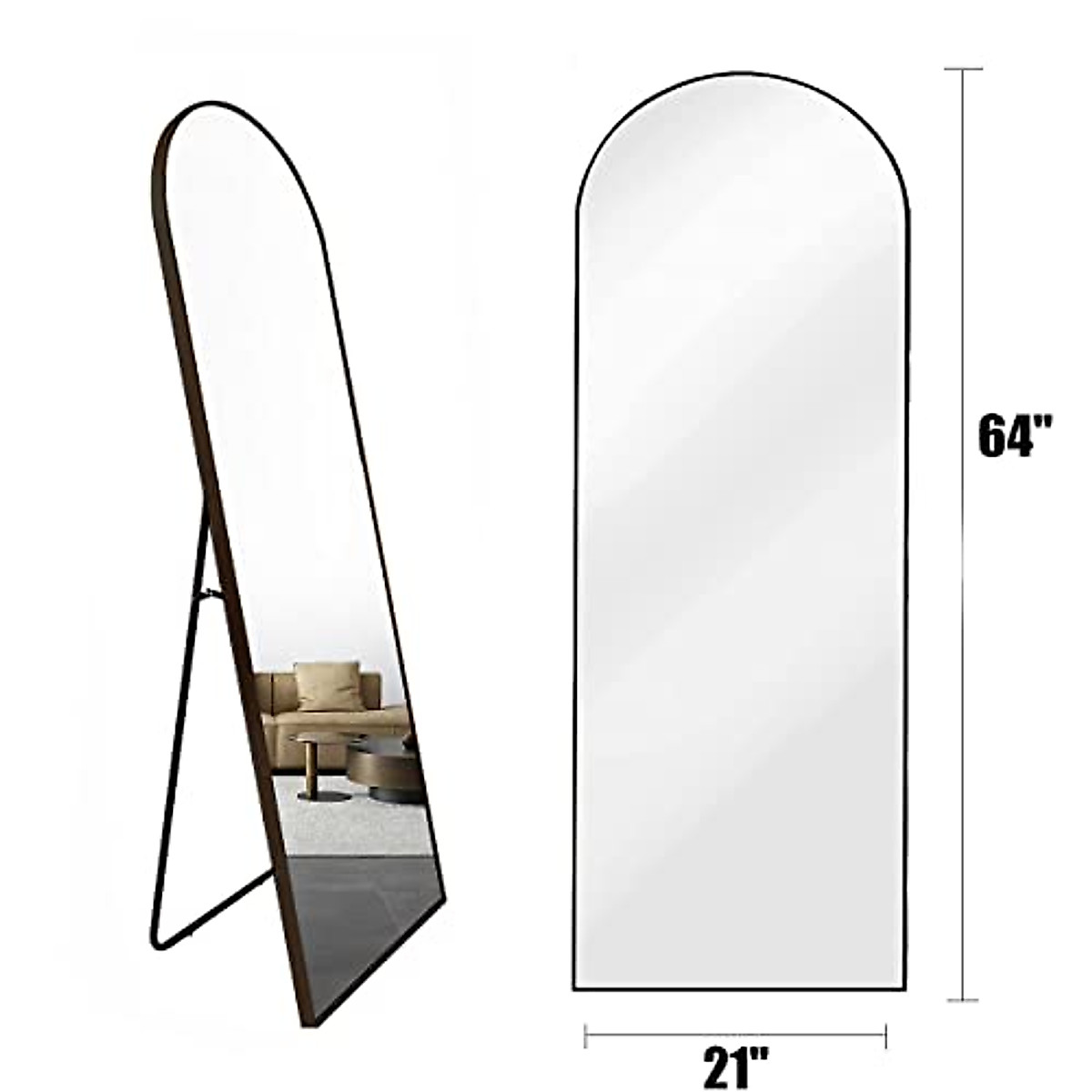 ZMYCZ Floor Mirror, 64"x21" Arched Full Length Mirror Standing Hanging or Leaning Against Wall, Arched-Top Mirror with Aluminum Alloy Frame, Body Mirror for Bedroom (Black)
