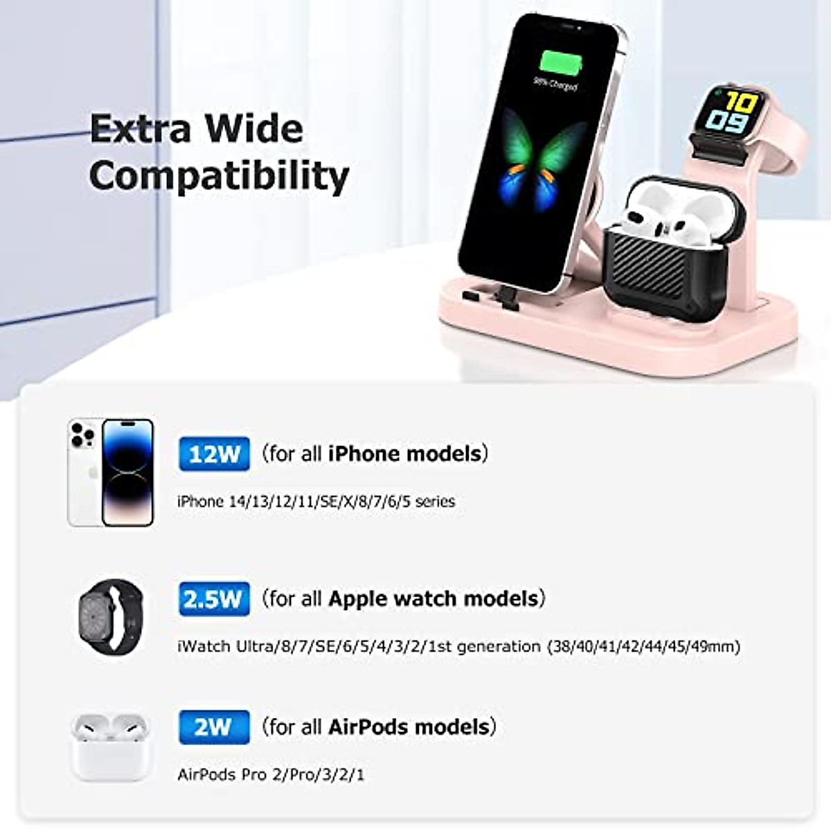 OLEBR Charging Station for Apple Multiple Devices, 3 in 1 Fast Charger Station Dock for iPhone Series 14/13/12/11/X/8 Plus, Charger Stand for iWatch Ultra 8 7 6 SE 5 4 3 2 1 with Adapter(Pink)