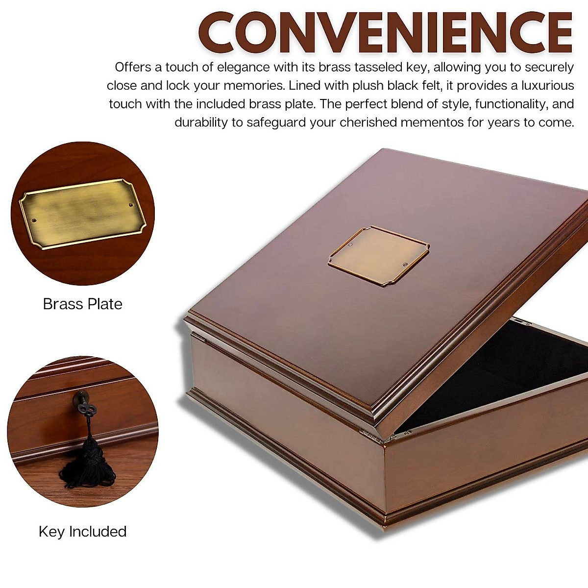 Arolly Romeo Memory Keepsake Box Organizer with Mahogany Wood Finish - Large Personal Storage Box with Locking Lid | Wooden Memory Box Gift for Anniversary, Wedding, Valentine, Birthday