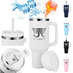 JR-FAMILY 40oz Spill Proof Tumbler with Lid Straw and Handle, Stainless Steel Insulated Travel Coffee Mug, Cup Holder Friendly, Easy Clean, Gifts for Women Men - White