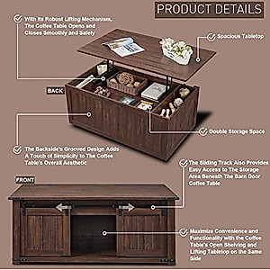 SinCiDo 48” Lift Top Coffee Table with Storage & Sliding Groove Barn Door, Farmhouse Coffee Table Rustic Wood Cocktail Table w/Double Storage Spaces for Living Room, Brown