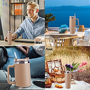 Bileeko 40 oz Tumbler with Handle and Straw, Reusable Stainless Steel Insulated Travel Mug Iced Coffee Cup Maintains Cold, Heat, and Ice for Hours(Driftwood)