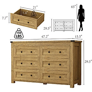 Dresser for Bedroom with 6 Drawers, Farmhouse Wood Chest of Drawers, Modern TV Stand Closet Storage Furniture with Metal Handle, Wide Clothes Organizer for Hallway, Living Room, Entryway, Gold Oak