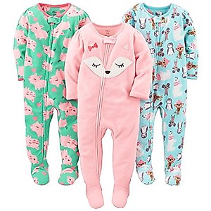 Simple Joys by Carter's Baby Girls' 3-Pack Loose Fit Flame Resistant Fleece Footed Pajamas, Blue Penguin/Green Pig/Pink Fox, 12 Months
