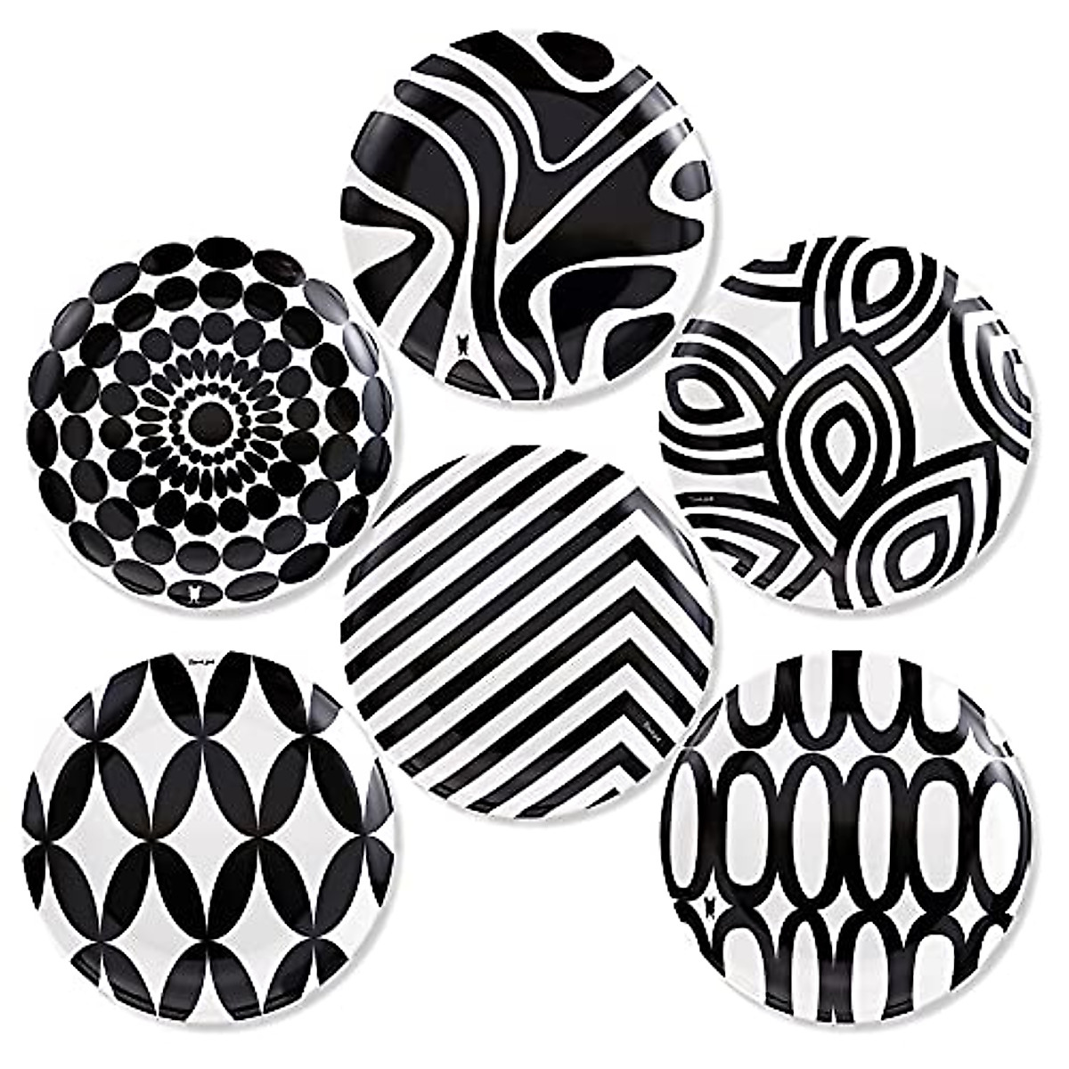 French Bull Assorted Plates-6 Piece Set-Melamine Dinnerware, Serving, Party, Platter, Dish, 6" - Black and White Assorted