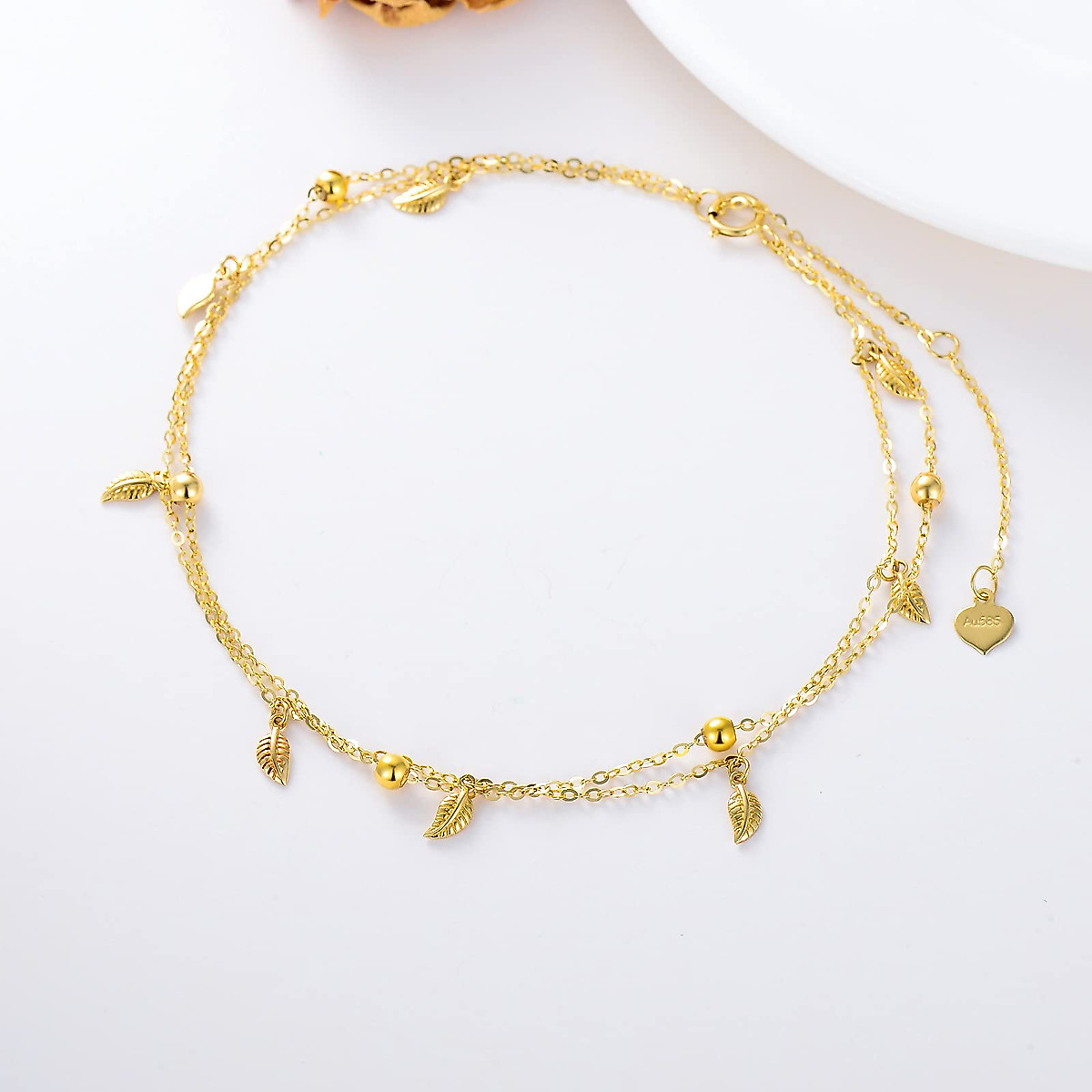 SISGEM 14K Real Gold Leaf Anklets for Women, Real Gold Beads Station Anklet Bracelet Tassel Double Foot Link Beach Anklets Anniversary Birthday Jewelry Gifts for Wife Mom 8''+2'' (Double Chains)