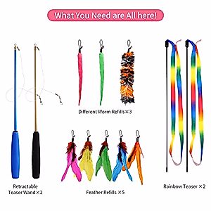 12PCS Interactive Kitten Toys, Retractable Indoor Cat Wand Toys with Replacement Teaser, Rainbow Ribbon and Make Exercise by Sunshinetop