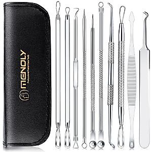 Pimple Popper Tool Kit,MENOLY 10Pcs Blackhead Remover Tools,Pimple Extractor,Acne Tools,Acne Kit for Blackhead,Blemish,Zit Removing,Whitehead Popping and Comedone Extractor Tool with Leather Bag