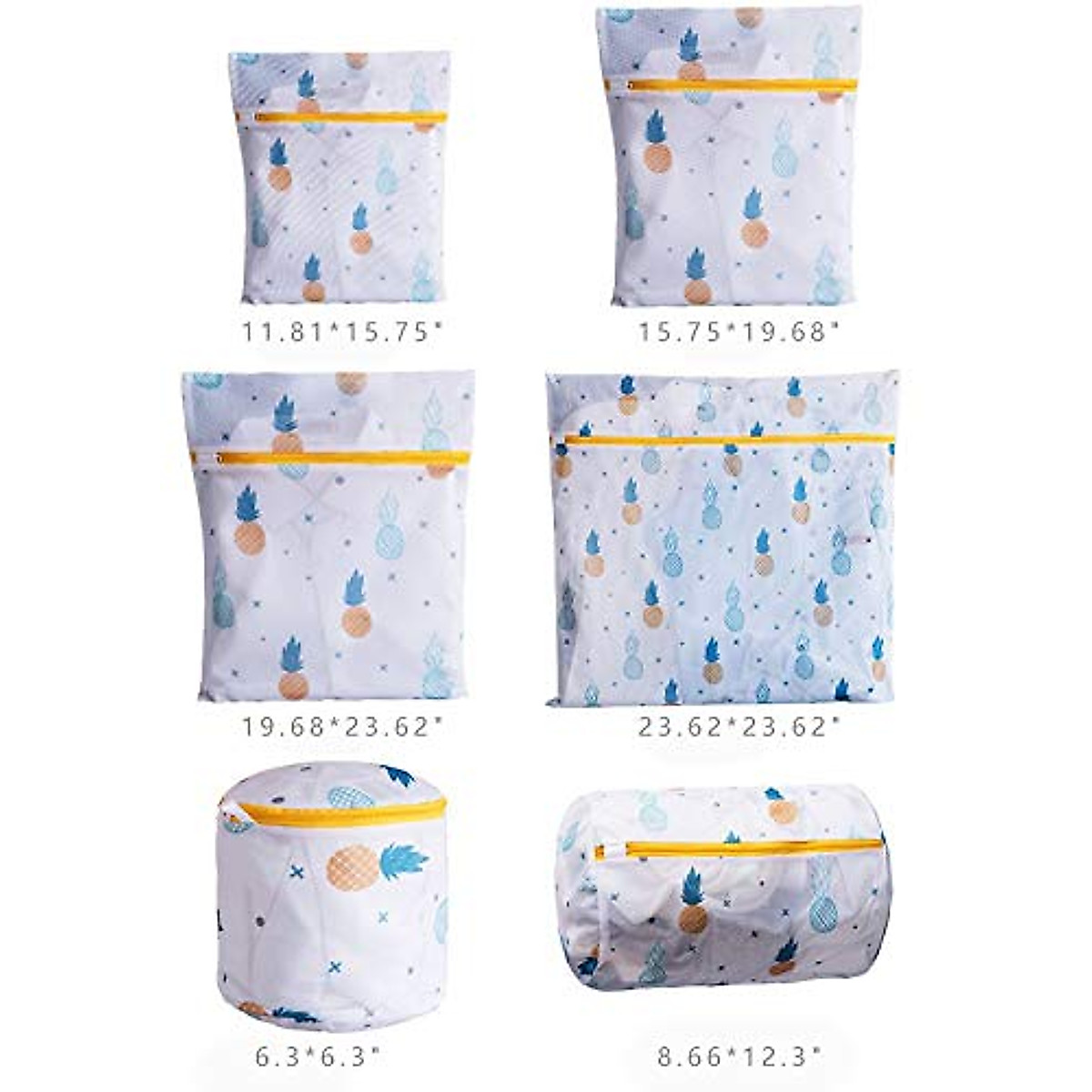 ChezMax Fine Mesh Printing Laundry Bags Set Durable Clothes Washing Bags with Zipper Lock for Laundry Blouse Bra Hosiery Stocking Underwear Lingerie 6PCS Yellow Pineapple