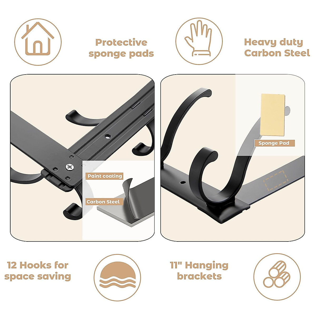 HOMOTEK Over The Door Hooks Longer, Heavy Duty Over Door Rack for Bathroom, Door Hanger Coat Holder with 12 Hooks for Hanging Clothes, Towels and Hat, 11" Bracket, Fits 1-3/4" Thick Door, Black