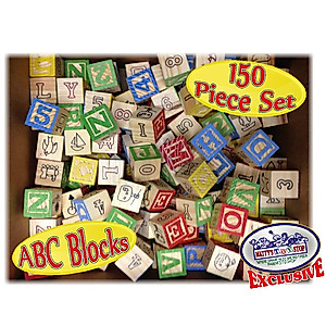 Matty's Toy Stop 150 Piece ABC Stack N' Build Wood Alphabet Blocks Bulk Classroom Set with Exclusive Storage Bag