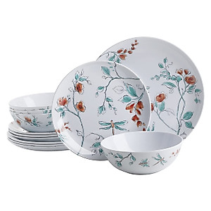 Martha Stewart Dragonfly Decorated Melamine Dinnerware Set - White, Service for 4 (12pcs)