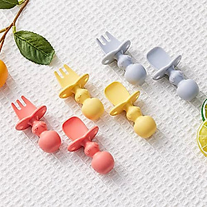 6 Pack Baby Utensils Self Feeding 6+ Months, Silicone Baby Spoons and Forks, Toddler Utensils for Baby Led Weaning, Chewable Utensils First Stage, Pink, Yellow, Grey