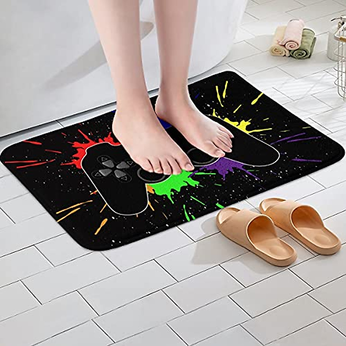 Gamer Rug Tie Dye Bathroom Rugs, Gaming Console Area Rug 20"X32" Game Room Decor, Gamepad Galaxy Sky Door Mat Fleece Fabric, Video Games Carpet Fall Door Mat