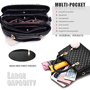 Womens Leather Handbag Purses Top Handle Quilted Shoulder Bag Totes Satchel for Ladies with Pompon