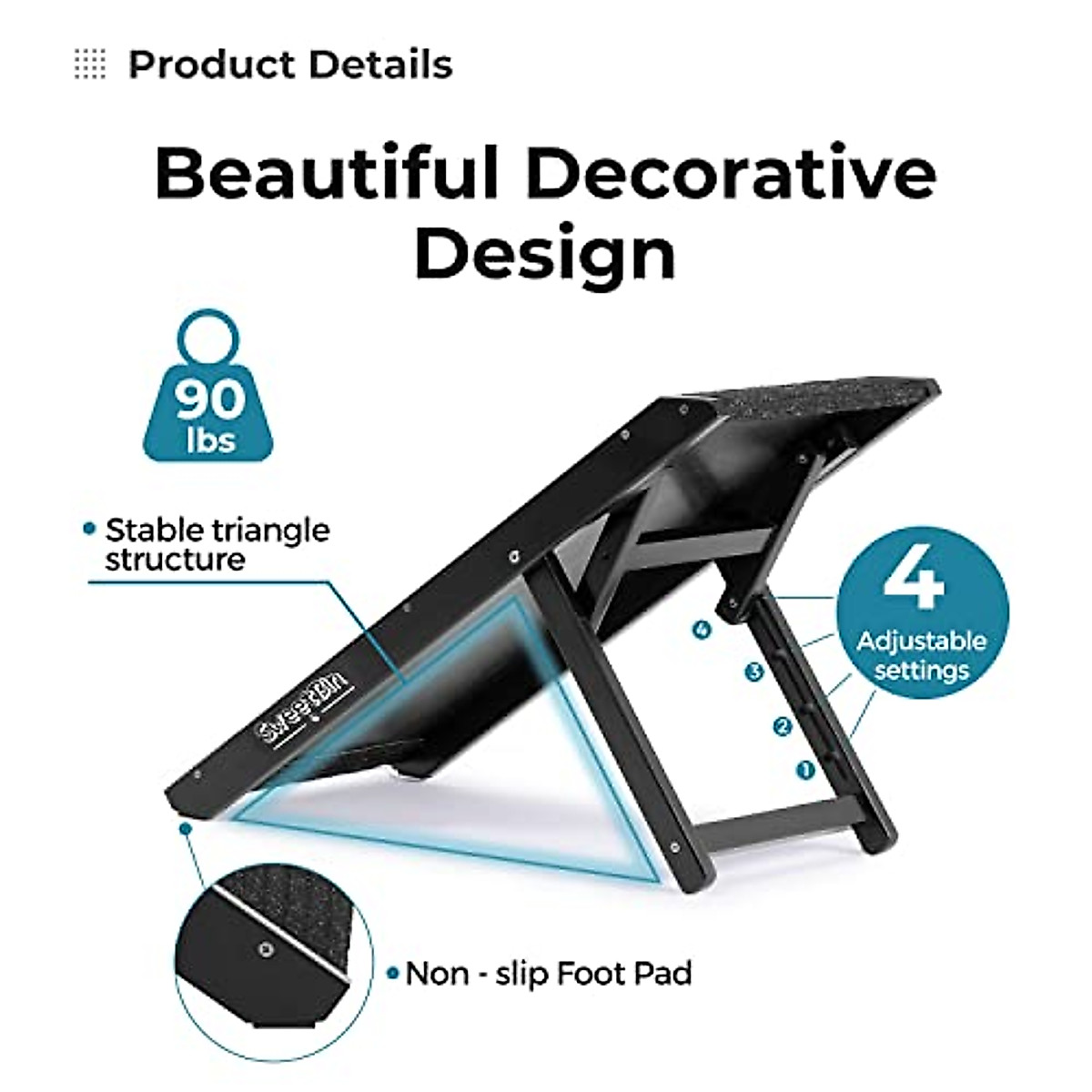 SweetBin 18" Tall Adjustable Pet Ramp - Small Dog Use Only - Wooden Folding Portable Dog & Cat Ramp Perfect for Couch or Bed with Non Slip Carpet Surface - 4 Levels Height Adjustable Up to 90Lbs