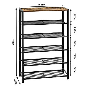 Yusong Shoe Rack, 6 Tier Shoe Organizer Storage for Closet Entryway, Narrow Tall Metal Shoe Shelves with Industrial Wooden Top, Rustic Brown and Black