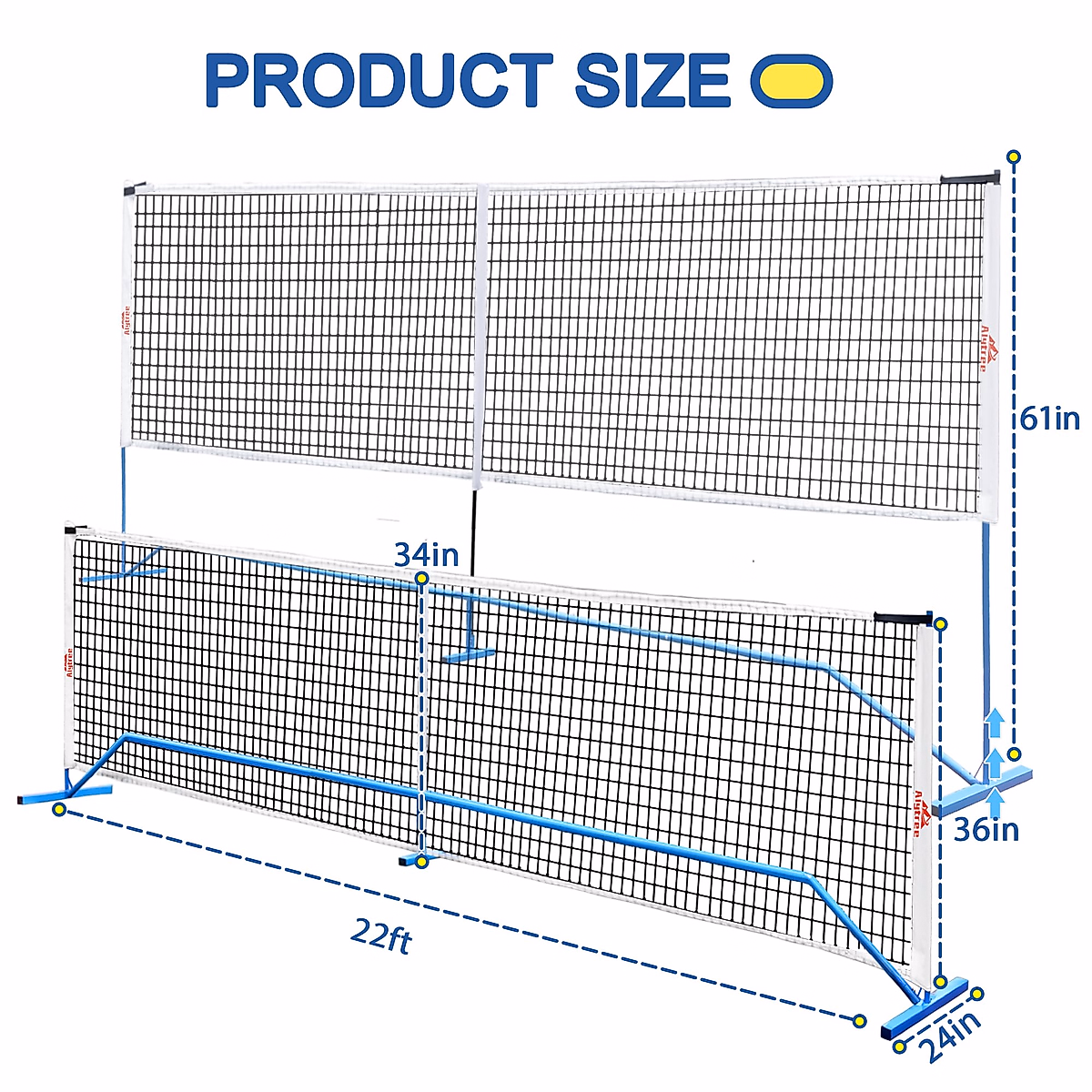 22 FT Pickleball Net Portable Outdoor Regulation Size and Adjustable Height, Pickleball Net System with Carrying Bag and Metal Frame for Driveway Backyard