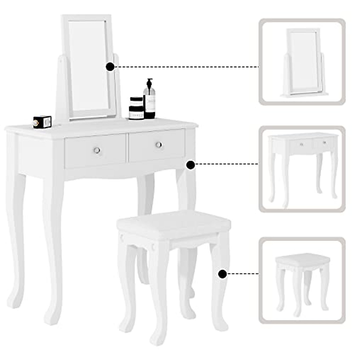 soges Makeup Vanity Table Set, 2-Drawer Dresser Desk, 360° Rotation Mirror, Cushioned Stool, Bedroom Dressing Table Set, White
