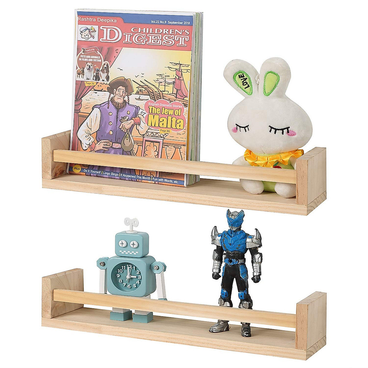 Amy Dceom Nursery Book Shelves Set of 2, Wood Floating Book Shelves for Kids Room, Rustic Baby Nursery Shelf Decor for Bedroom, Living Room (Natural)