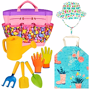 Gardening Tools Toy Set for Girls Boys with Beatiful Storage Bag, Watering Can, Gardening Gloves, Shovels, rake, Apron, Sun Hat kit for Children Kids Outdoor Play and Dress up Clothes Role Play