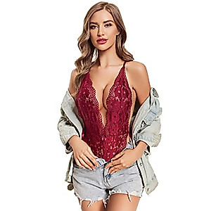 ADSEXY Lingerie for Women Sexy Naughty Teddy Floral See Through Bodysuit Deep V Neck Lace Mini Babydoll Chemise One Piece Red S