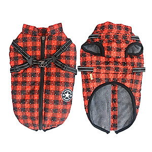 Macho Man Cold Weather Winter Dog Puppy Coat Harness Waterproof Windproof Warm Fleece Small Medium Large Dogs Holiday Pet Gift (Red Plaid, Large)