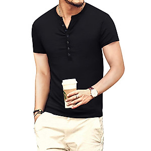 YTD Mens Casual Slim Fit Basic Henley Short Sleeve Fashion Summer T-Shirt XL Black
