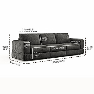 ATJafurn 107'' Black 3 Seater Modern Sofa Couch, Corduroy Fabric Upholstered Sofa with Cushion and Pillows for Living Room Apartment (Black, 3 Seater)