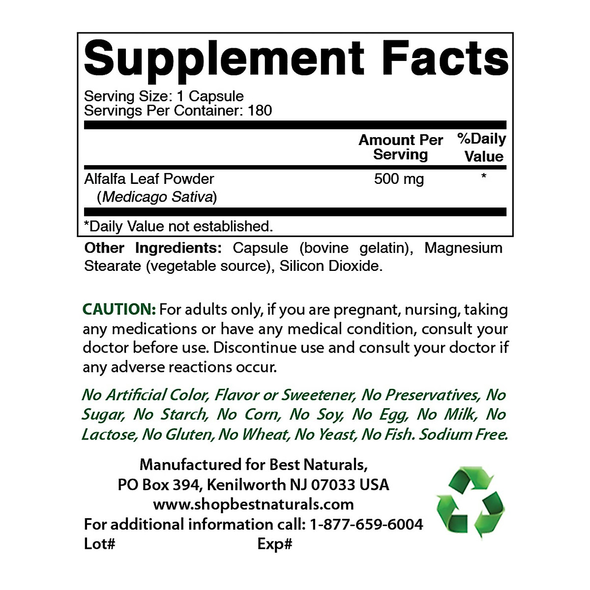 Best Naturals Alfalfa Green Super Food 500 mg 180 Capsules (180 Count (Pack of 1))