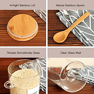 HHMJSM 6 Pcs Glass Jar with Bamboo Lid and Spoon - 17 oz Large Sugar Container with 148 Kitchen Pantry Spice Jar Labels Preprinted - Glass Containers with Wooden Lids Hold Coffee, Tea, Candy
