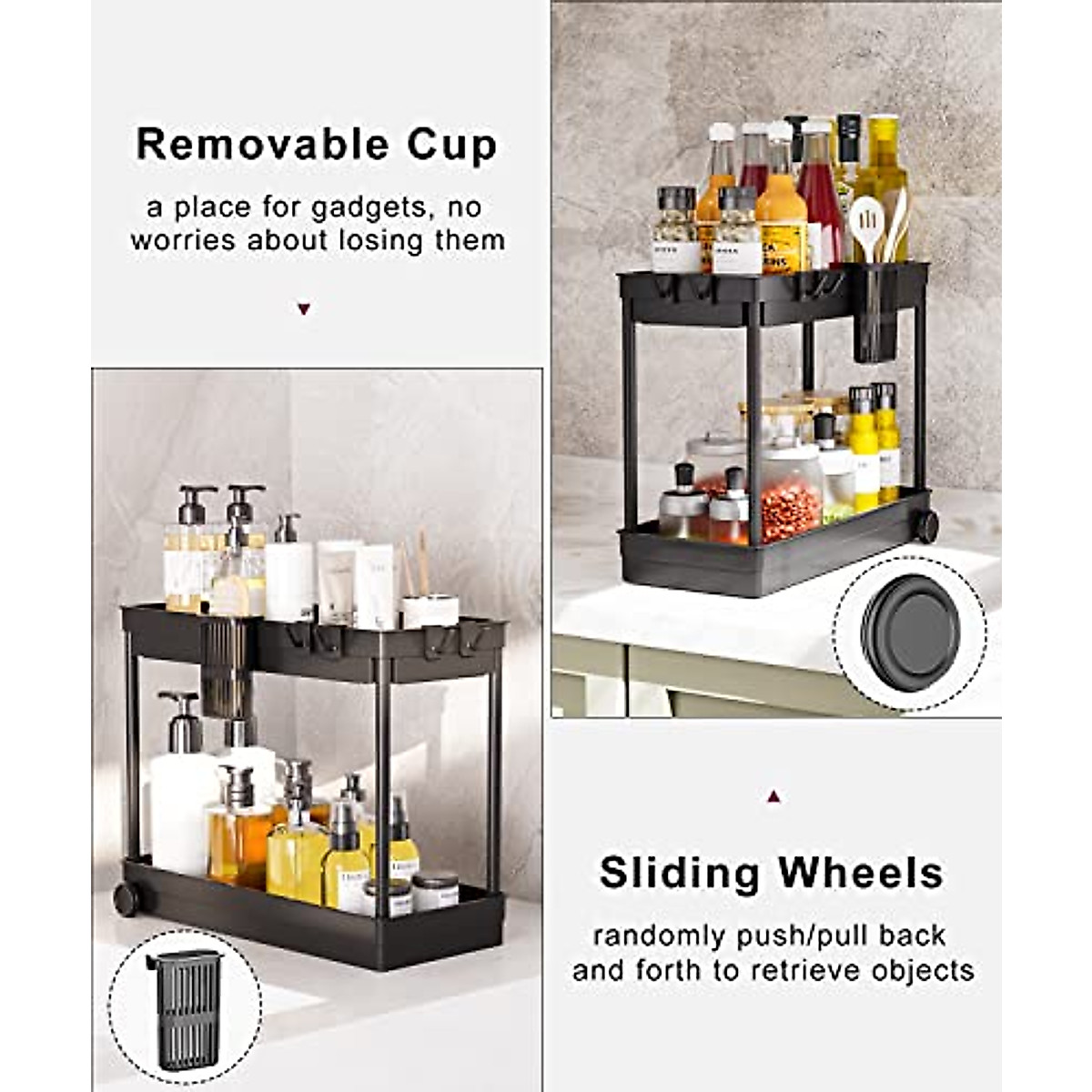 Fowooyeen Under Sink Organizers and Storage, Bathroom Organization Cabinet with Hooks Hanging Cup, Multi-Purpose Sliding Countertop Storage Shelf for Bathroom and Kitchen Semi-Transparent