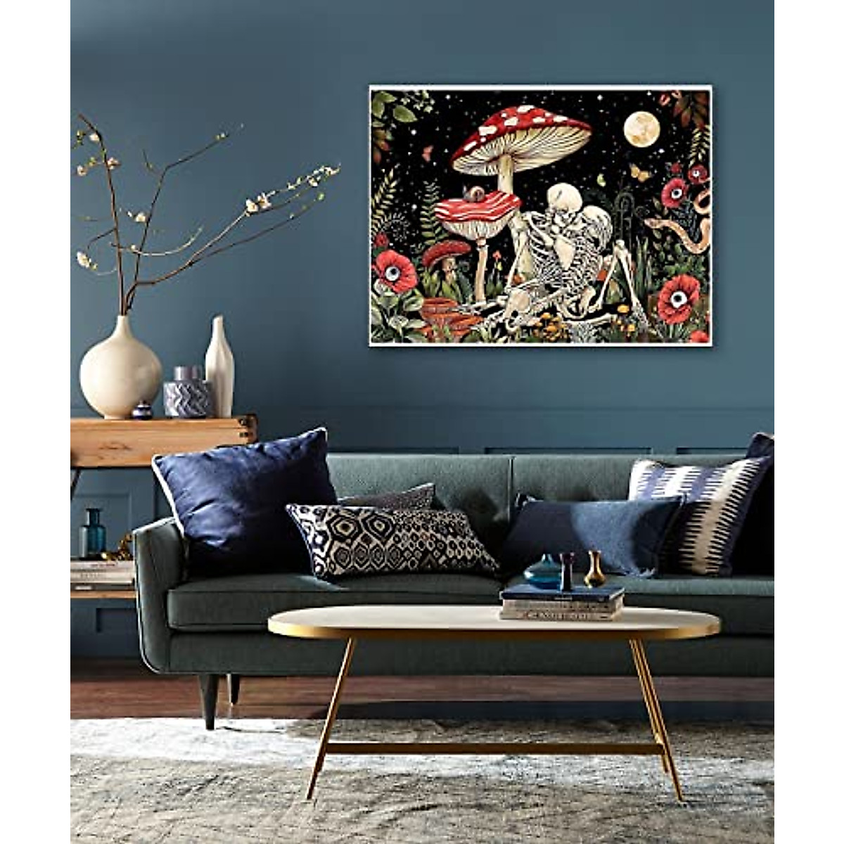 Mushroom Stamped Cross Stitch Kits, Skeleton Trippy Flower Plant Cross Stitch Ornament Kits for Adults Beginners,Hippie Cool Nature Moon Star Cross-Stitch Stamped Kits for Home Wall Decor 12x16 inch