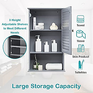 Bathroom Wall Cabinet, Wall Mounted Medicine Cabinet w/Single Louver Door, Adjustable Shelf, Bathroom Cabinet Wall Mounted Wooden Bathroom Storage Cabinet Over Toilet Laundry Room Kitchen (Gray)