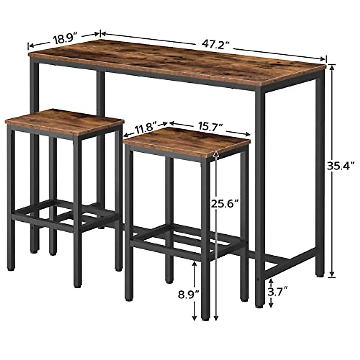 HOOBRO Bar Table and Chairs Set, 47.2” Rectangular Pub Bar Table and 2 Bar Stools, 3-Piece Breakfast Table Set for Kitchen Living Room, Dining Room, Sturdy Metal Frame, Rustic Brown BF52BT01