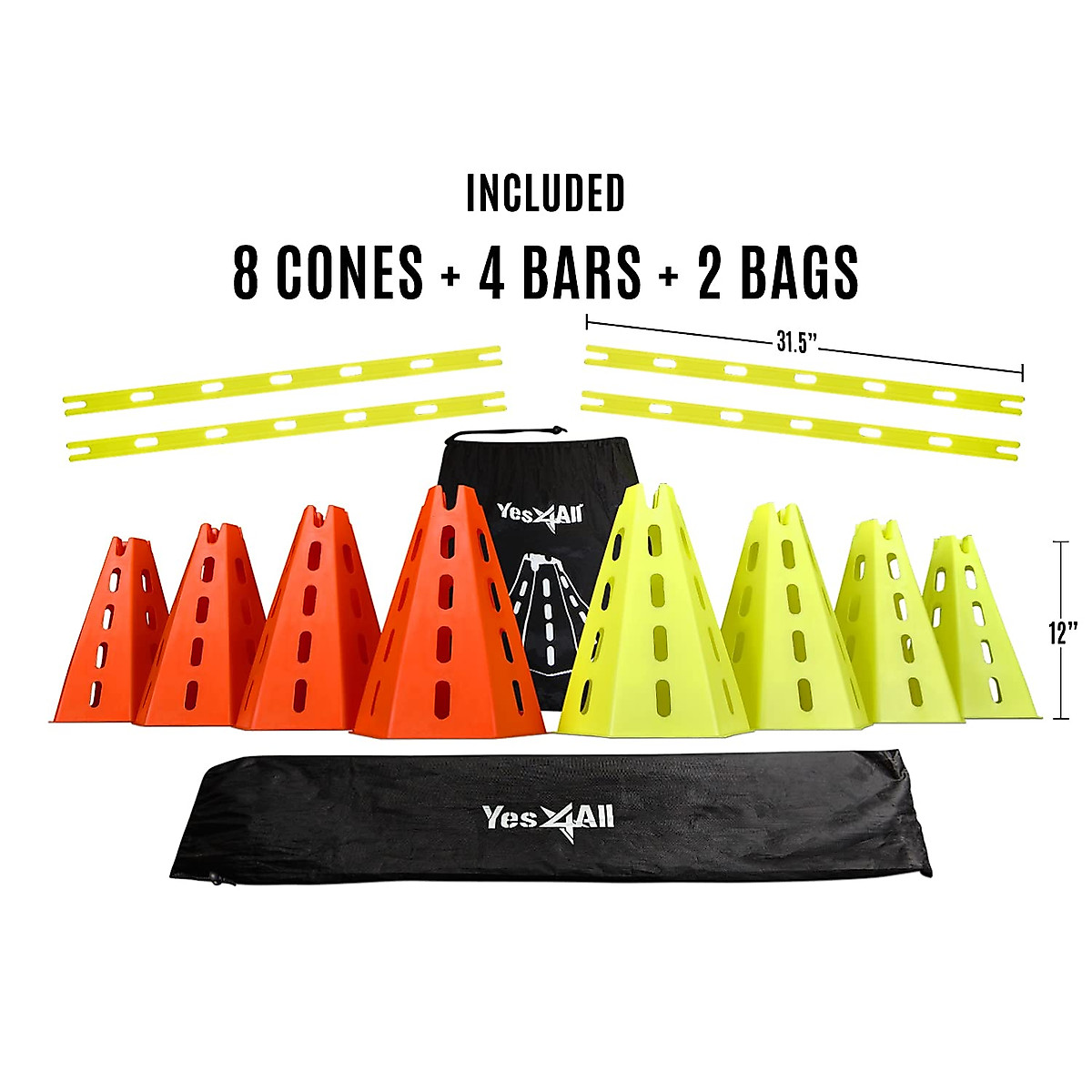 YES4ALL Agility Cones Hurdle Set 4 Green Cones + 4 Orange Cones + 4 Green Bars