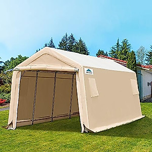 ADVANCE OUTDOOR Carport 10X20 ft Heavy Duty Outdoor Patio Anti-Snow Portable Canopy Storage Shelter Shed with 2 Rolled up Zipper Doors & Vents for Snowmobile Garden Tools, Beige