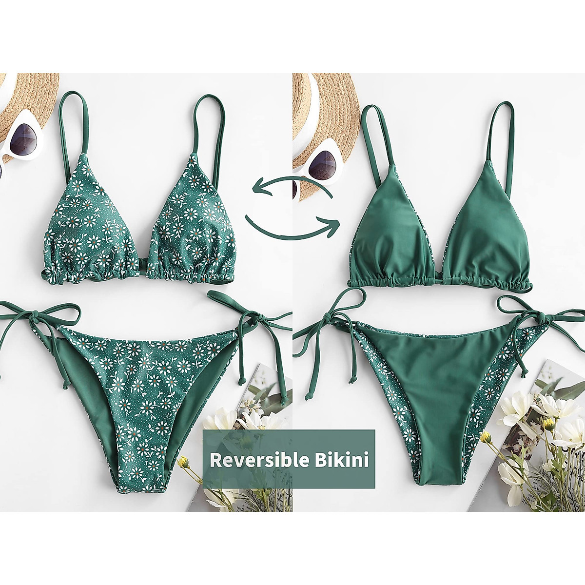 ZAFUL Women's Triangle Bikini Floral String Bikini Set Two Piece Swimsuit Bathing Suits (2-Greenish Blue, M)