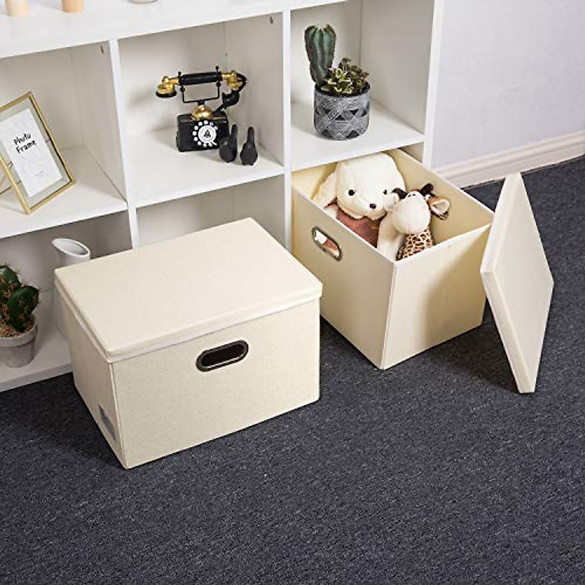 PRANDOM Large Collapsible Storage Bins with Lids [3-Pack] Fabric Foldable Storage Boxes Organizer Containers Baskets Cube with Cover for Home Bedroom Closet Office Faint Yellow(17.3x11.8x11.8)