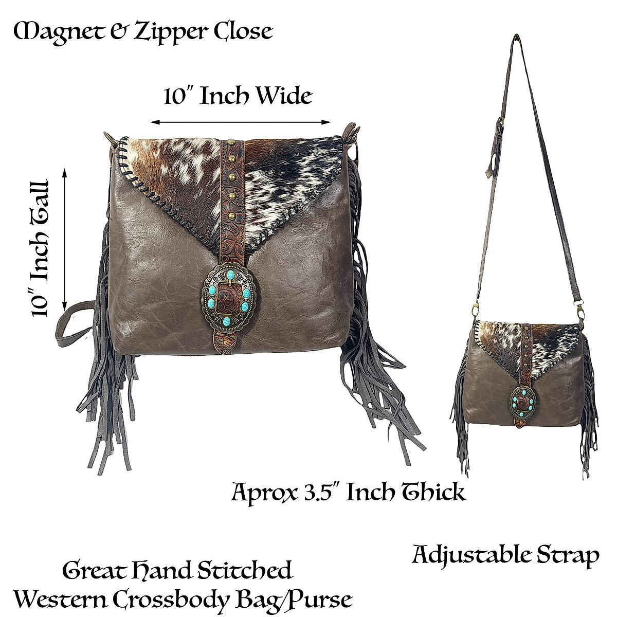 Urbalabs Western Crossbody Fringe Buckle Cowhair Leather Messenger Teal Stone Tooled Tote Bag Hand Stitched Purses (Dark Brown)