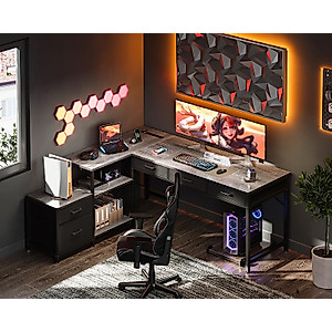 AODK L Shaped Computer Desk with Fabric Drawers and File Cabinet, 61" Reversible Home Office Workstation Desk with Power Outlets & Host Stand, Corner Gaming Table with Storage Shelves, Grey Oak