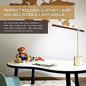 Modern Banker Slim Table Lamp - LED Desk Light - Wood Brass Lamp - Adjustable Modern Table Lamp - Mid Century Desk Lamp for Home Library, Bedside Table, Office Desk - Steampunk MCM Mid Modern Century